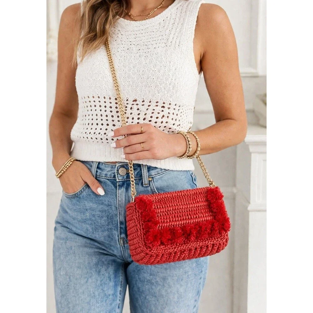 LOFT | Bags | Nwt Loft Pom Pom Crossbody Straw Woven With Gold Chain ...